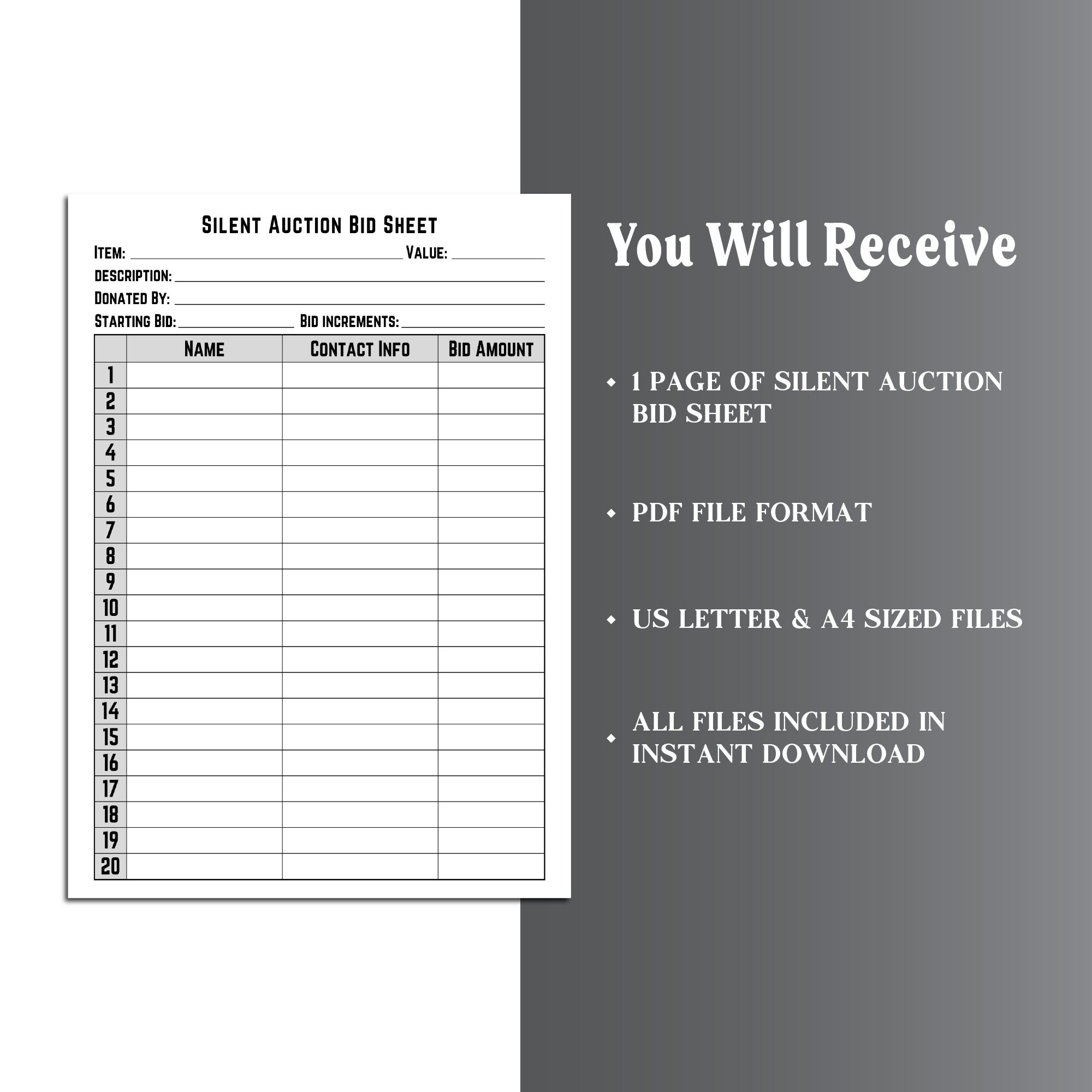 Silent Auction Bid Sheet Printable Template, Fundraising Event Bidding ...
