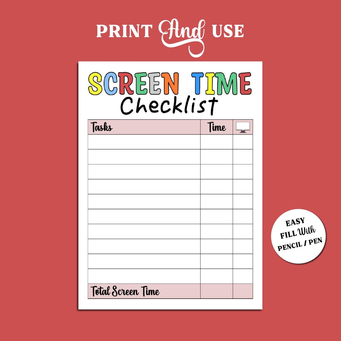 Screen Time Checklist Kids Printable, Earn Screen Time, Screen Time ...