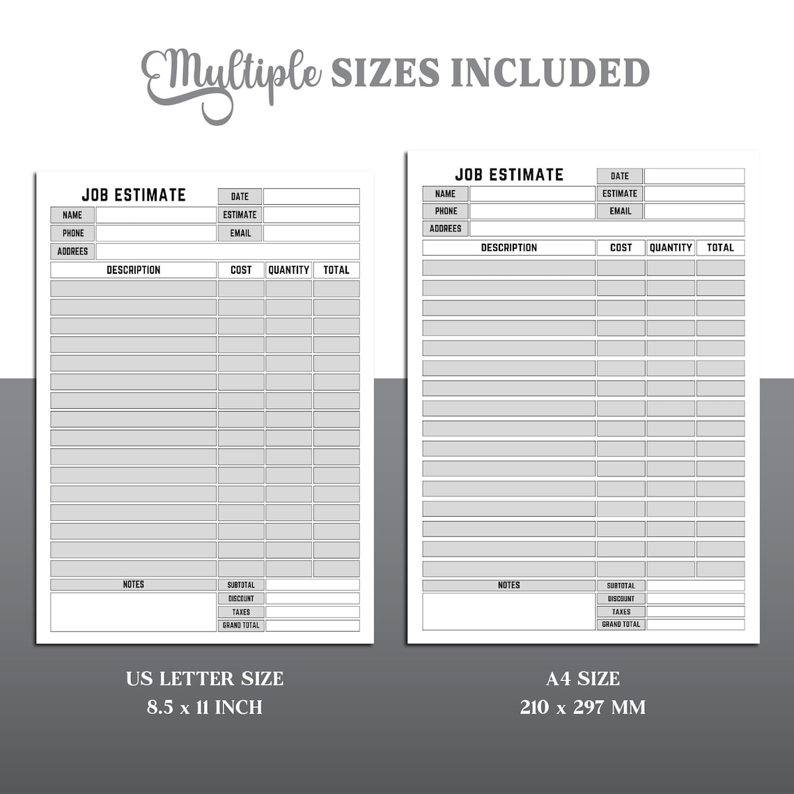 Estimate Form Printable, Job Estimate Template, Easy and Simple Job ...