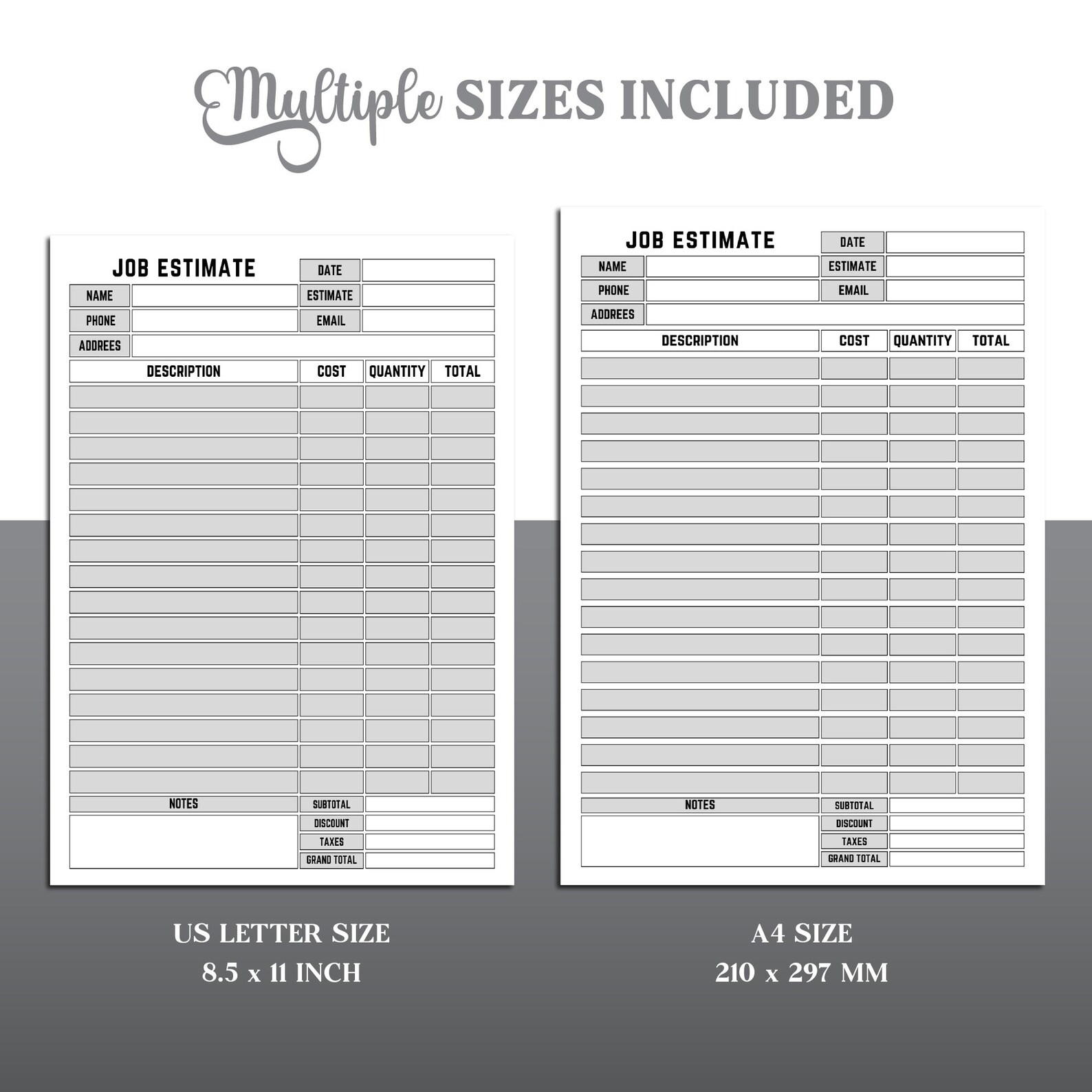 Estimate Form Printable, Job Estimate Template, Easy and Simple Job ...