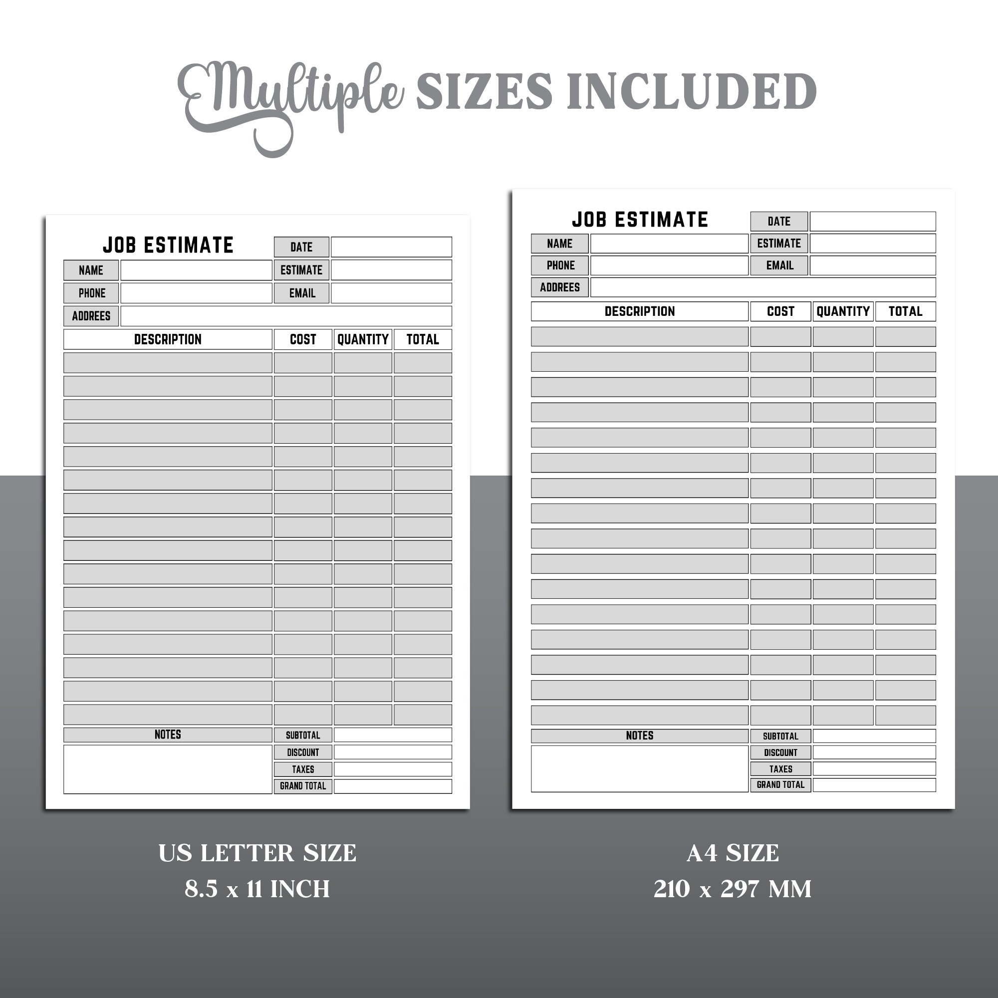 Estimate Form Printable, Job Estimate Template, Easy and Simple Job ...
