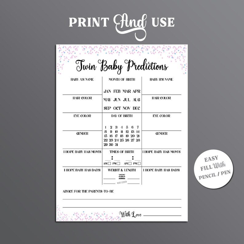 Twin Baby Predictions Printable, Baby Shower Twin Prediction Cards ...