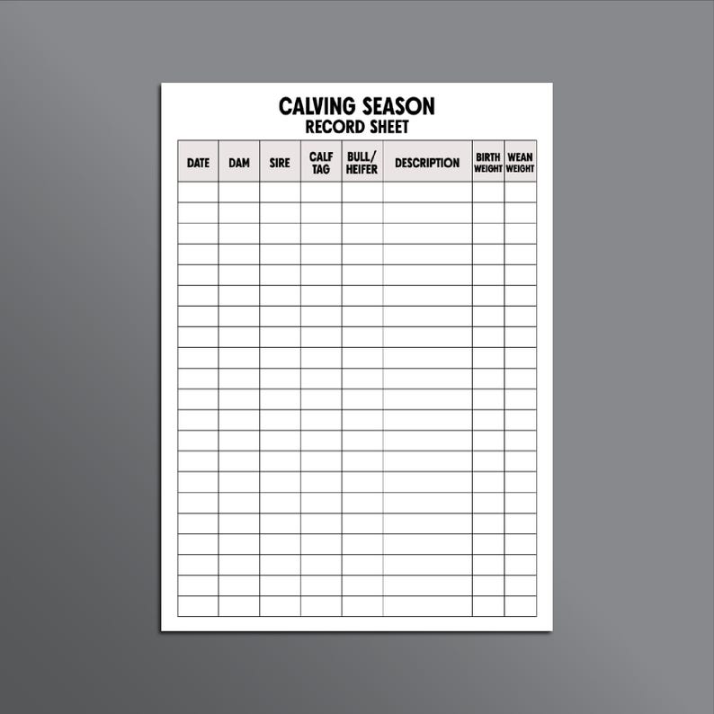 Calving Season Record Sheet, Farm Management, Record Keeping, Homestead ...