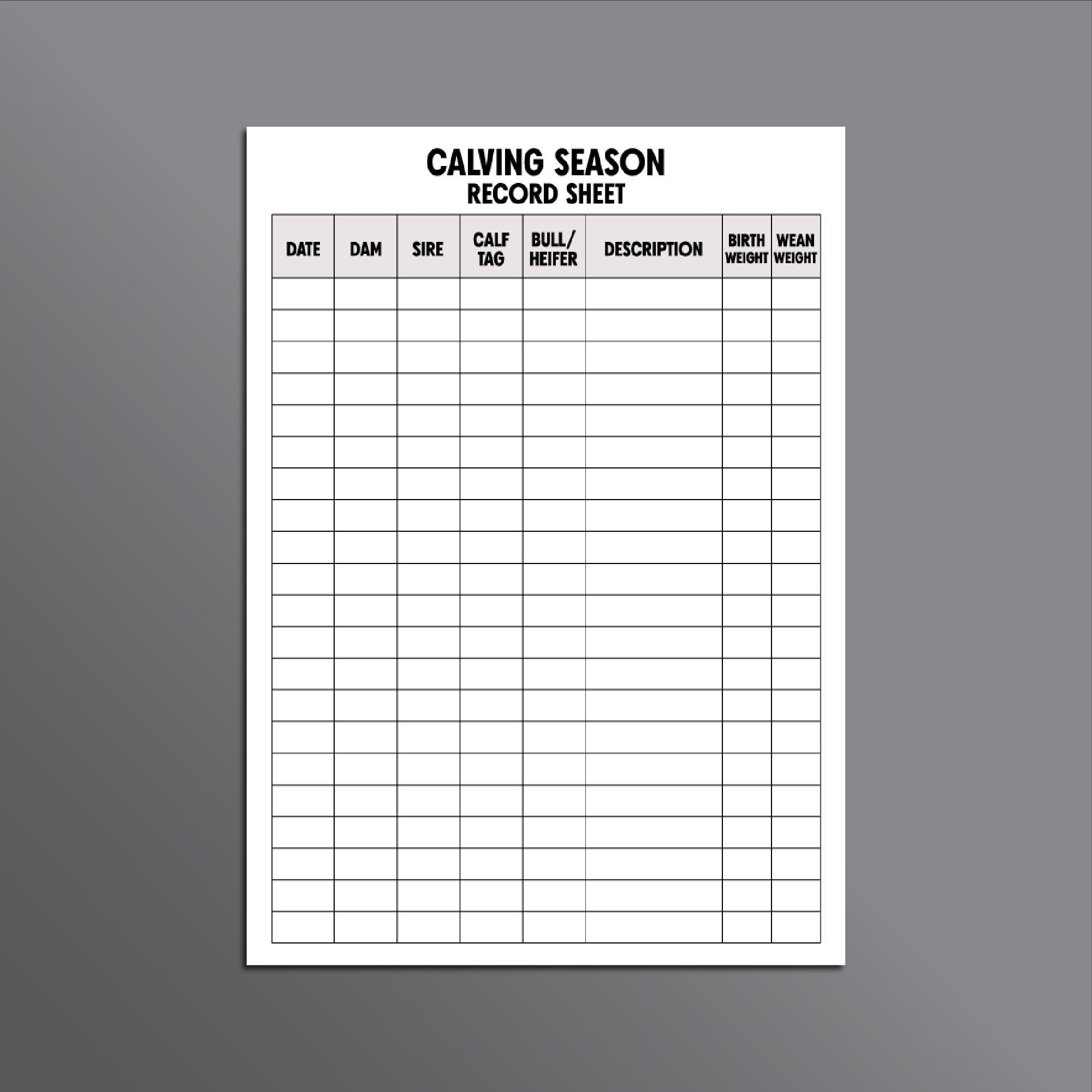 Calving Season Record Sheet, Farm Management, Record Keeping, Homestead ...