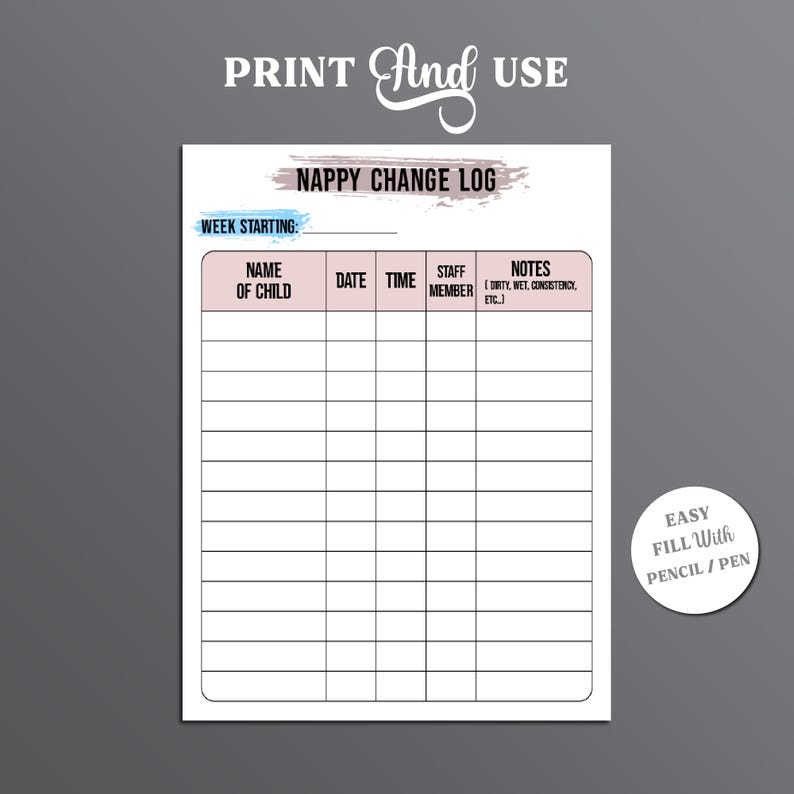 Nappy Change Log Printable, Newborn Diary Sleep Chart, Form Daycare ...