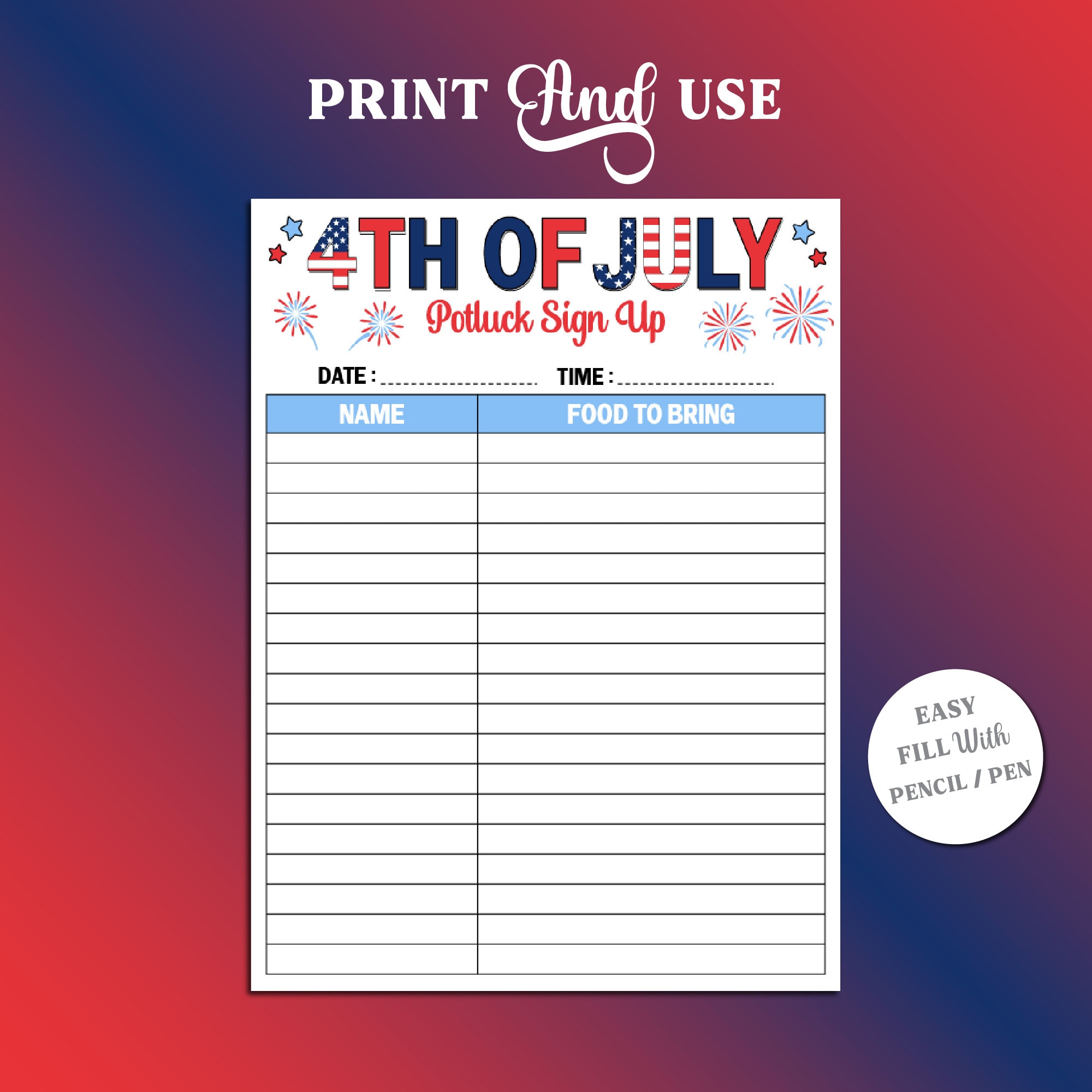 4th of July Potluck Sign up Sheet, 4th of July Sign up Form ...