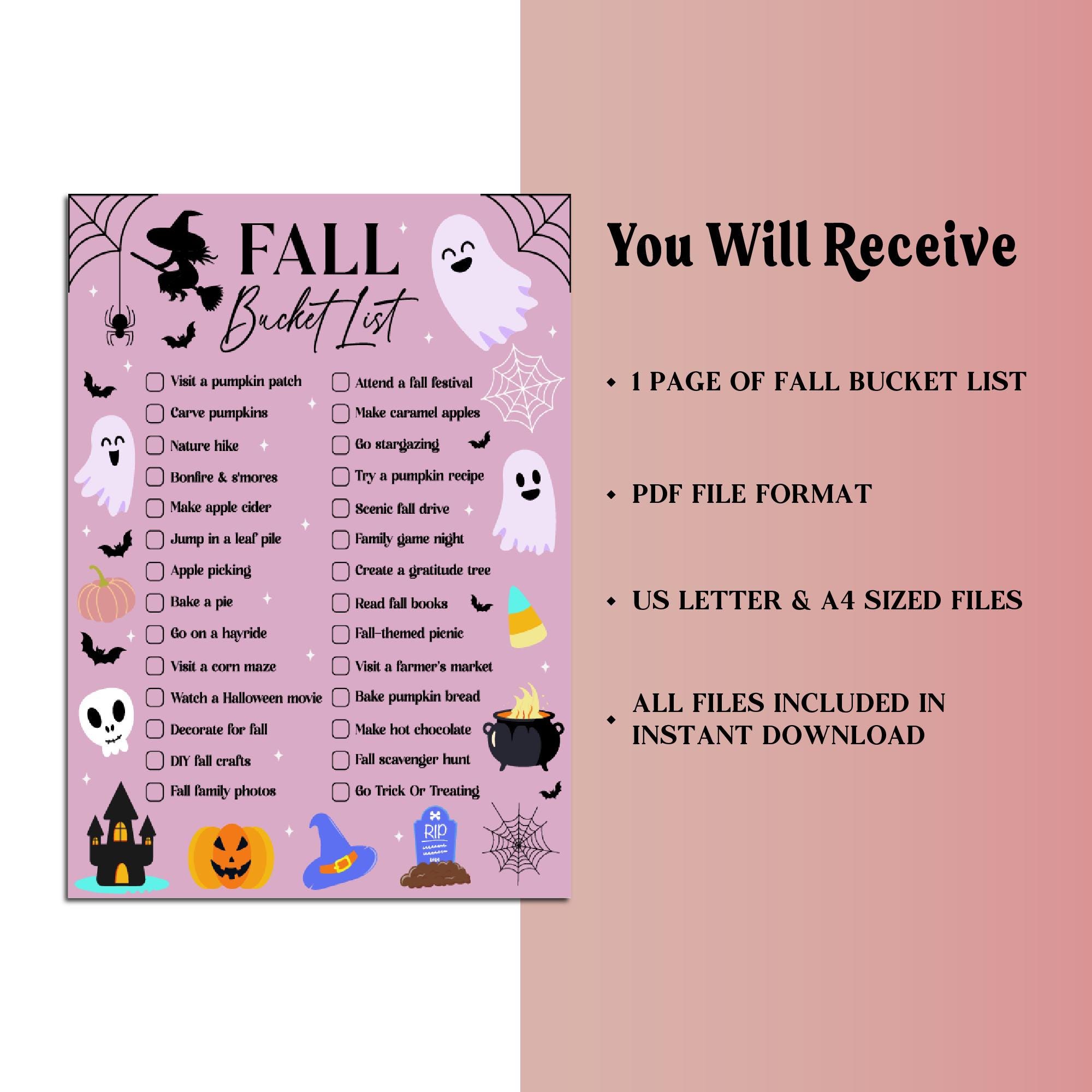 Fall Bucket List Printable Theme Pink, Fall to Do List for Family ...