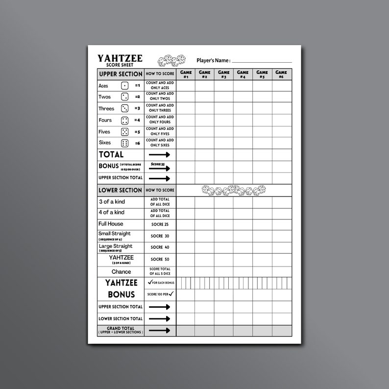 Yahtzee Score Sheet, Yahtzee Score Card, Yahtzee Board Game Score Sheet ...