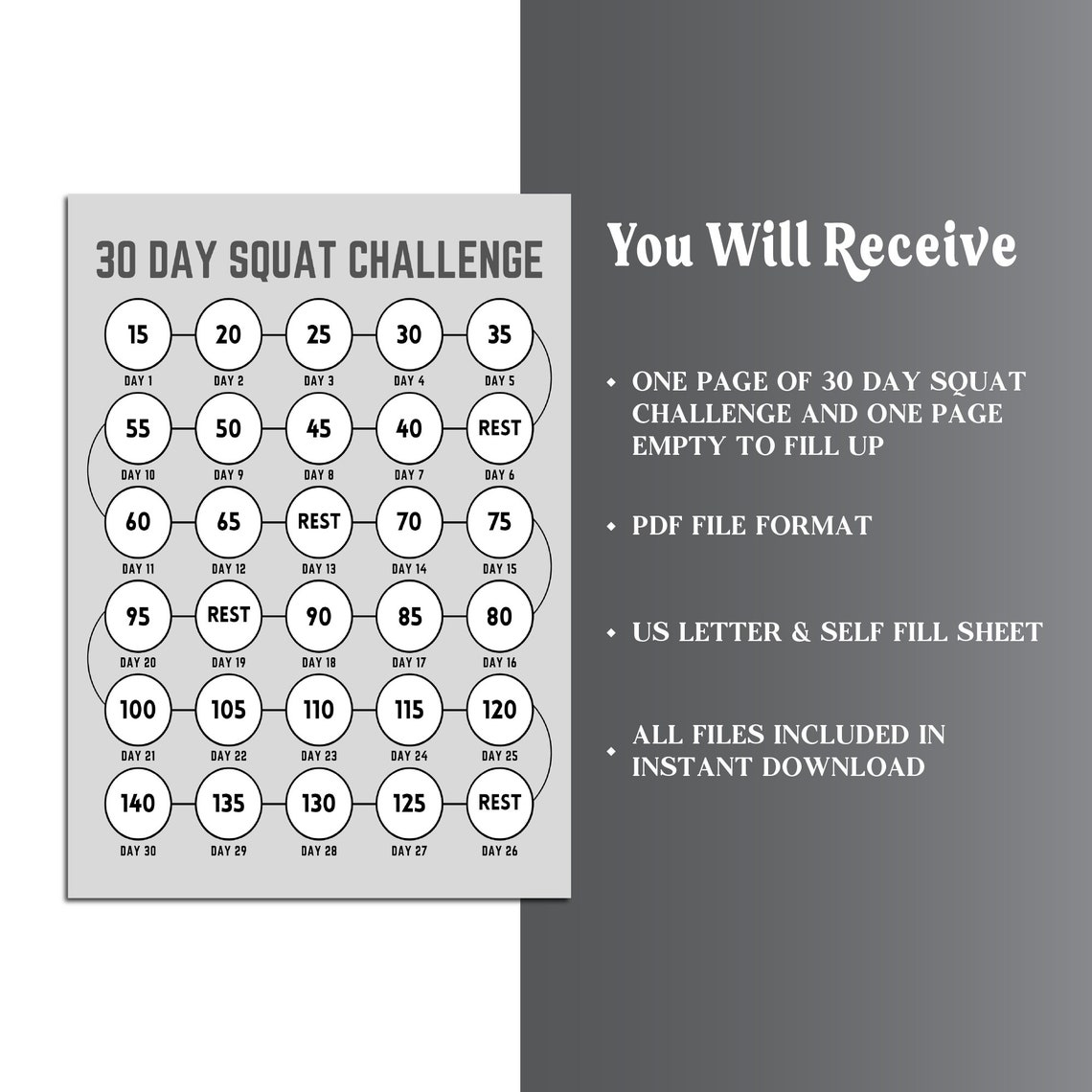 30 Day Squat Challenge Printable | Squat Tracker | Core Fitness | Squat ...