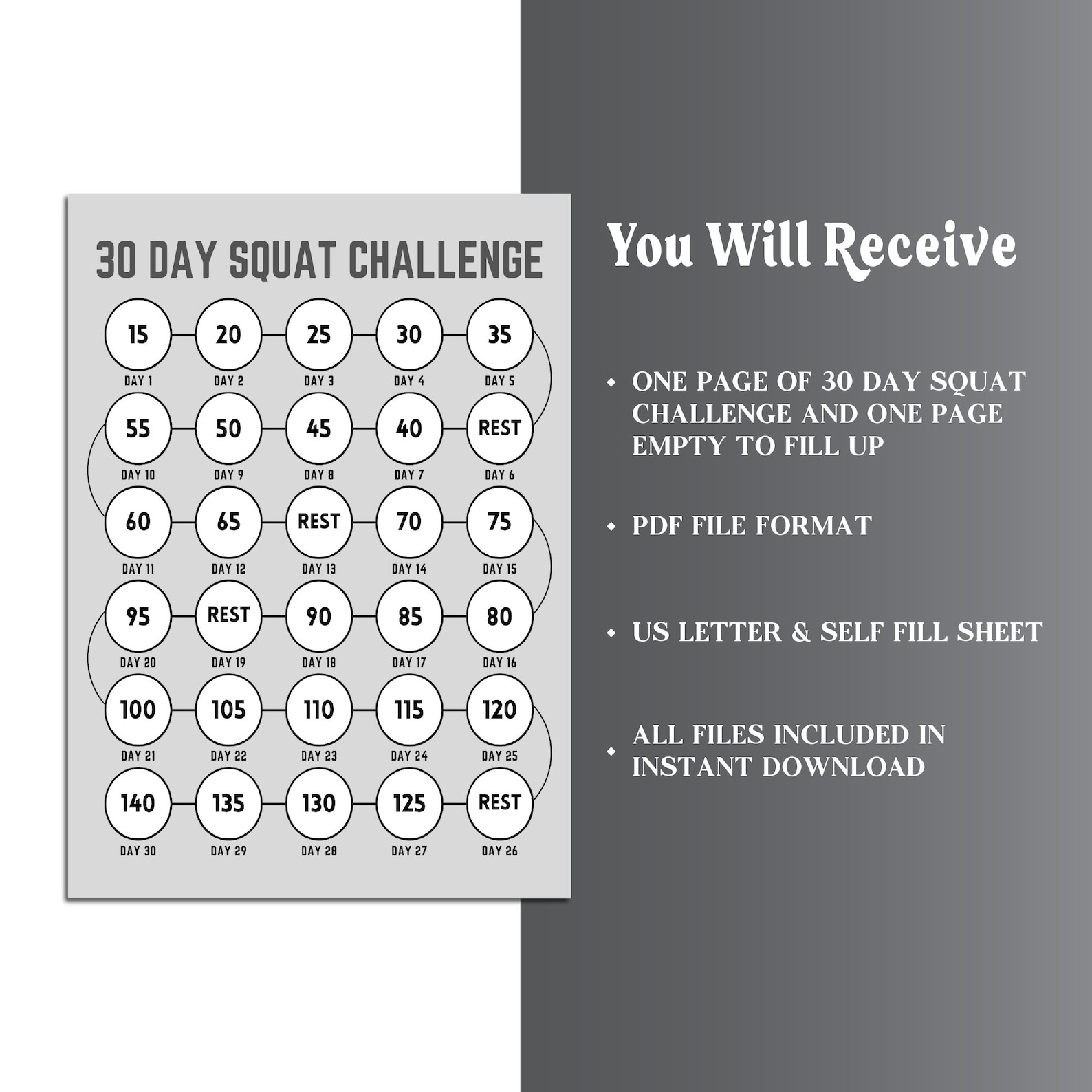 30 Day Squat Challenge Printable | Squat Tracker | Core Fitness | Squat Routine Tracker ...