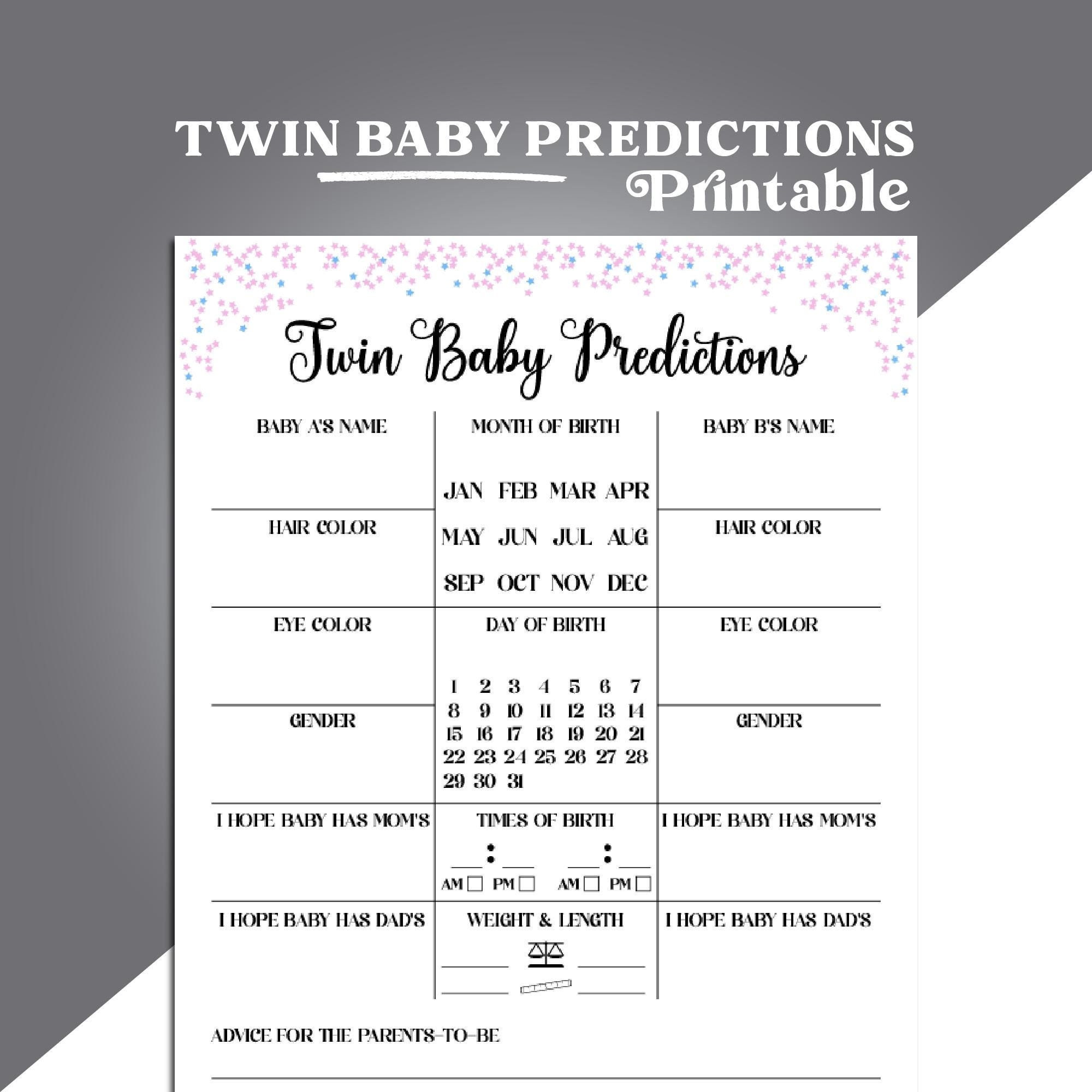 Twin Baby Predictions Printable, Baby Shower Twin Prediction Cards ...