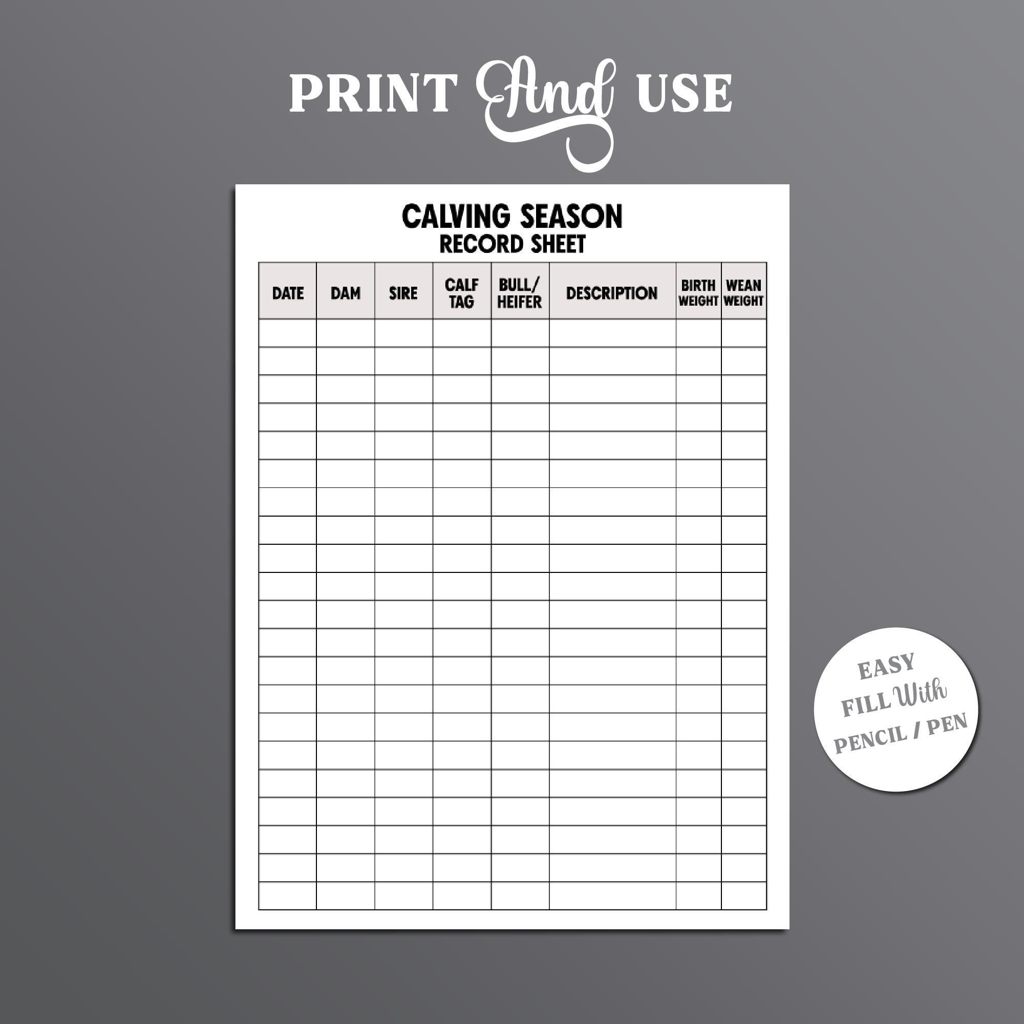 Calving Season Record Sheet, Farm Management, Record Keeping, Homestead ...