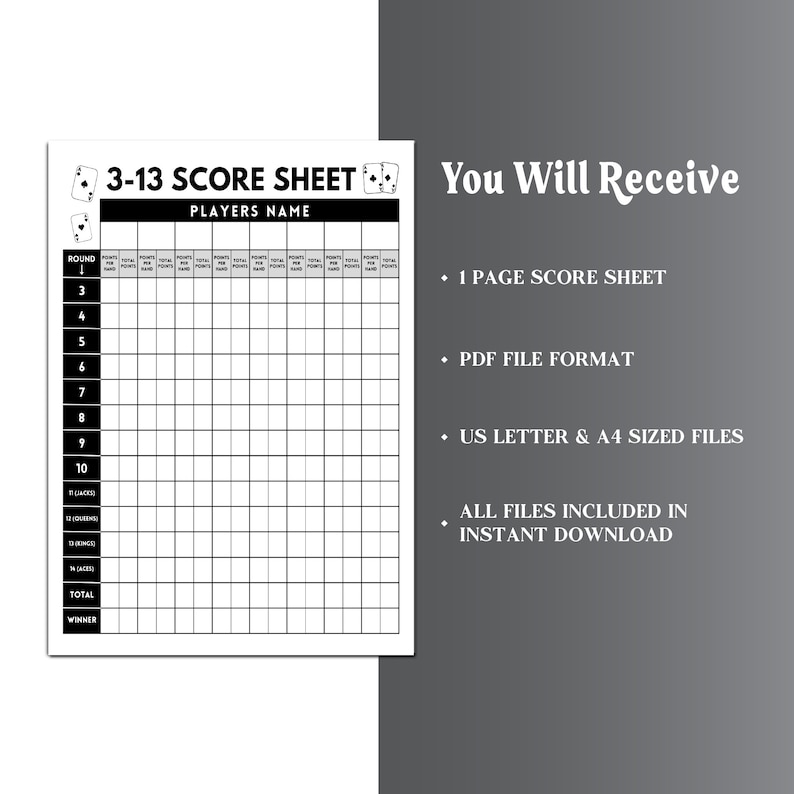 3-13 Game Score Sheets, Three Thirteen Card Game Score Sheets, 3 to 13 ...