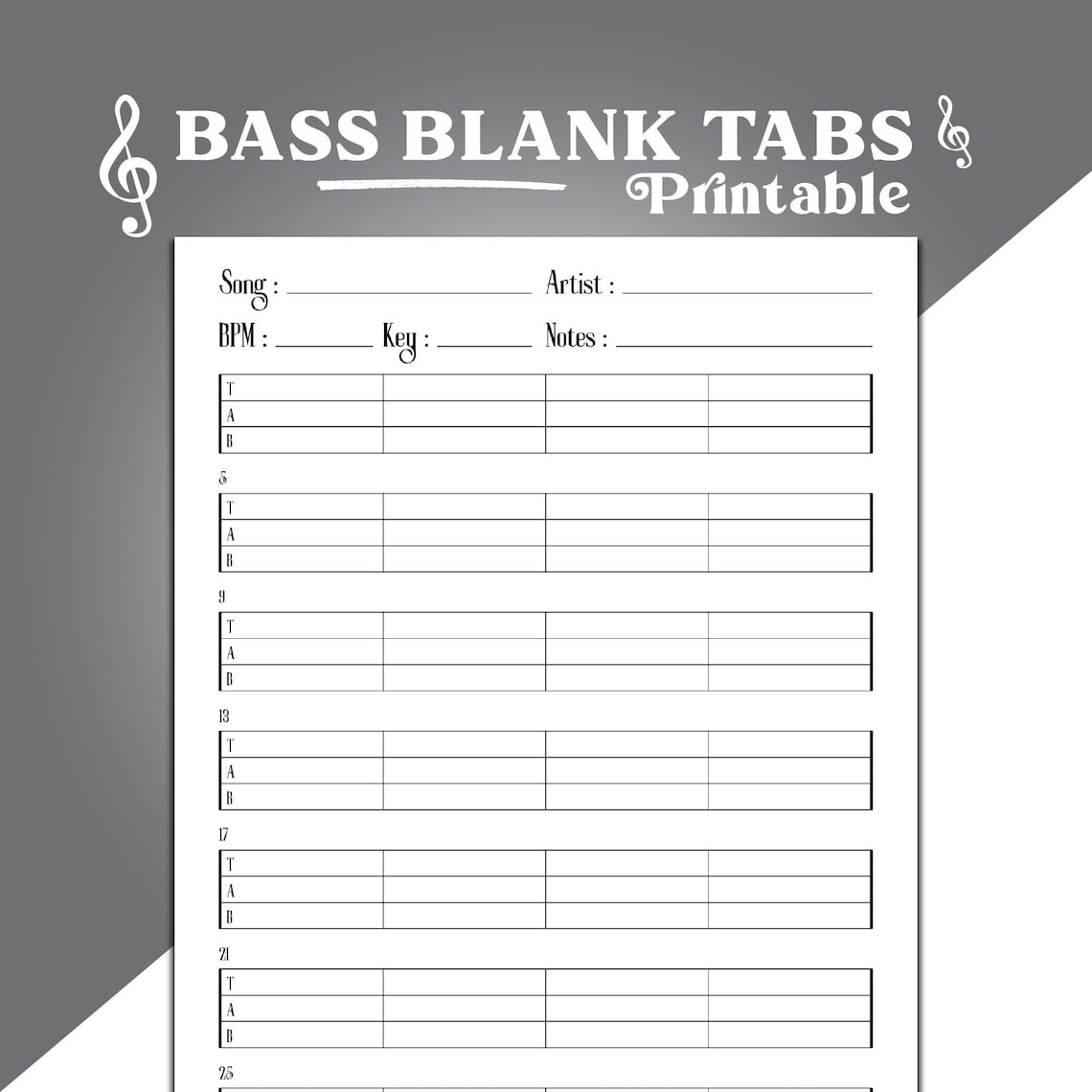 Bass Blank Tabs Printable, Blank 4-string Bass, Blank Sheet Music ...