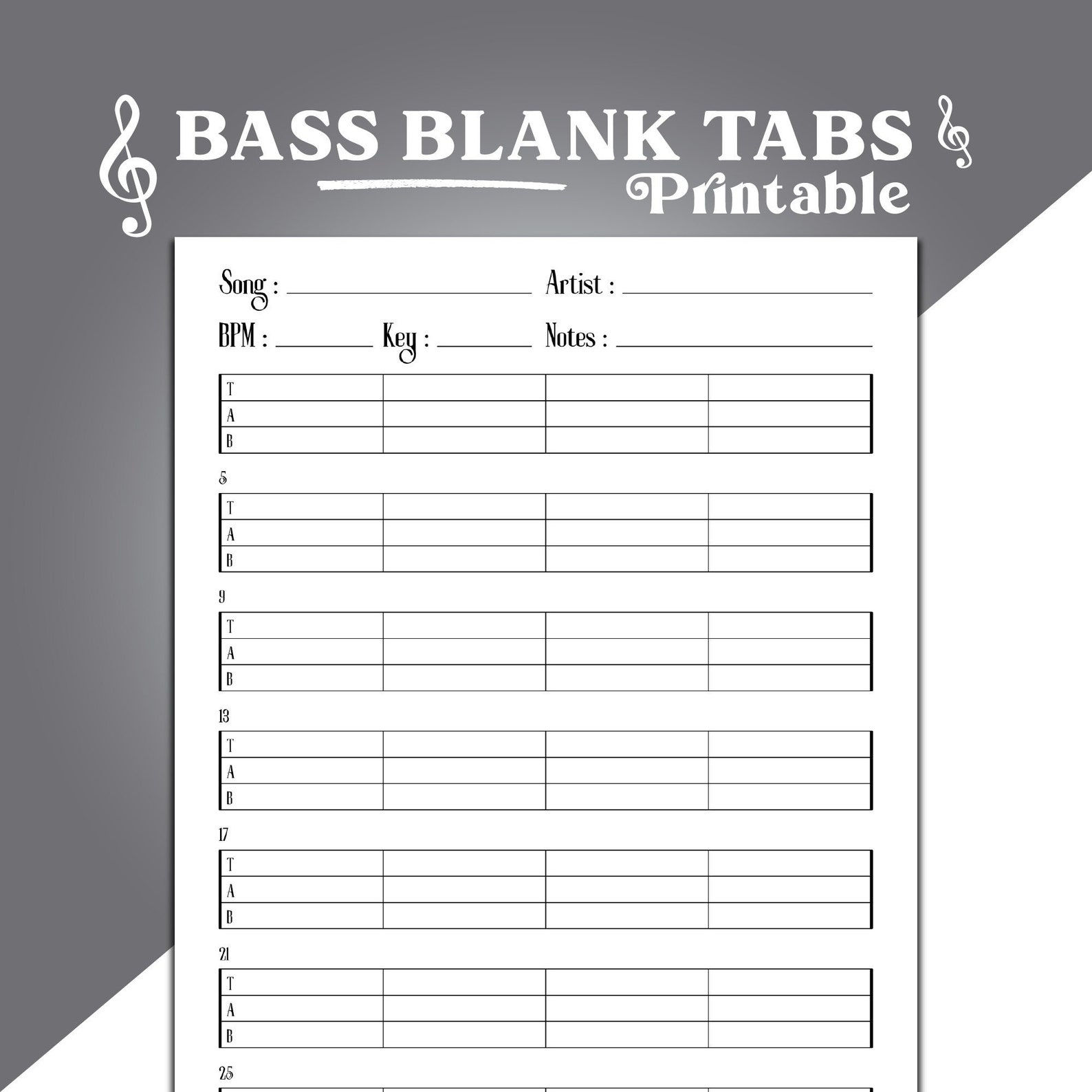 Bass Blank Tabs Printable, Blank 4-string Bass, Blank Sheet Music ...