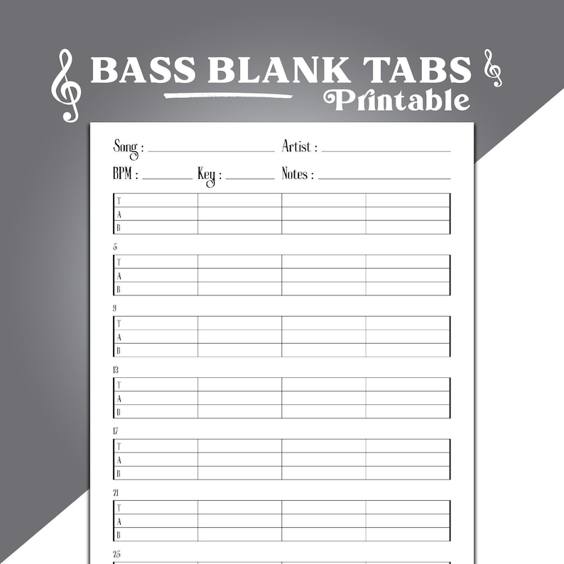 Bass Blank Tabs Printable, Blank 4-string Bass, Blank Sheet Music ...