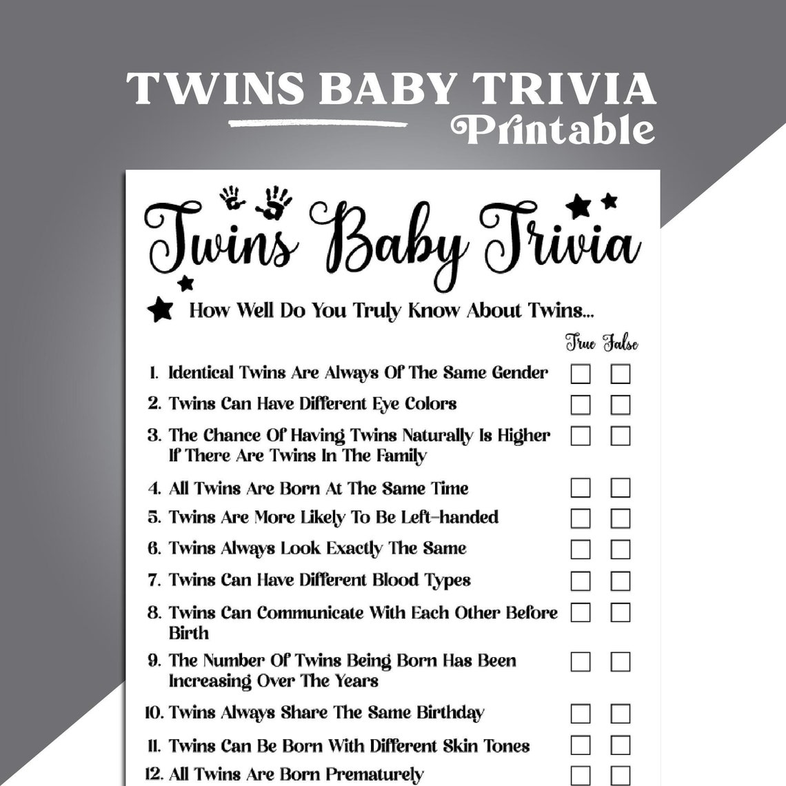 Twins Baby Trivia True or False Baby Shower Game, Fun Twin Trivia Baby ...