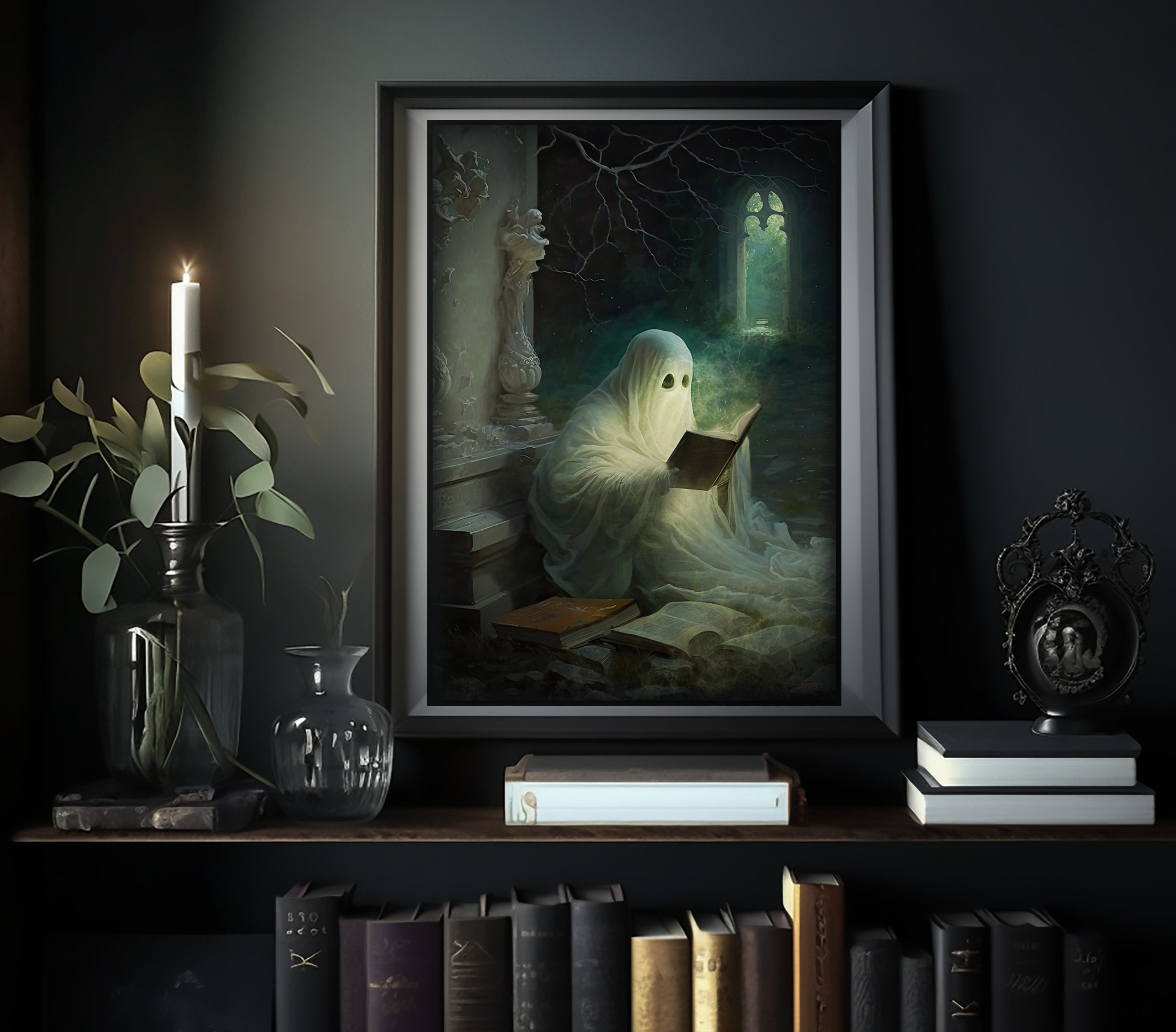 Ghost Wall Art, Pro Printed up to 33", Ghost Reading A Book, Dark ...