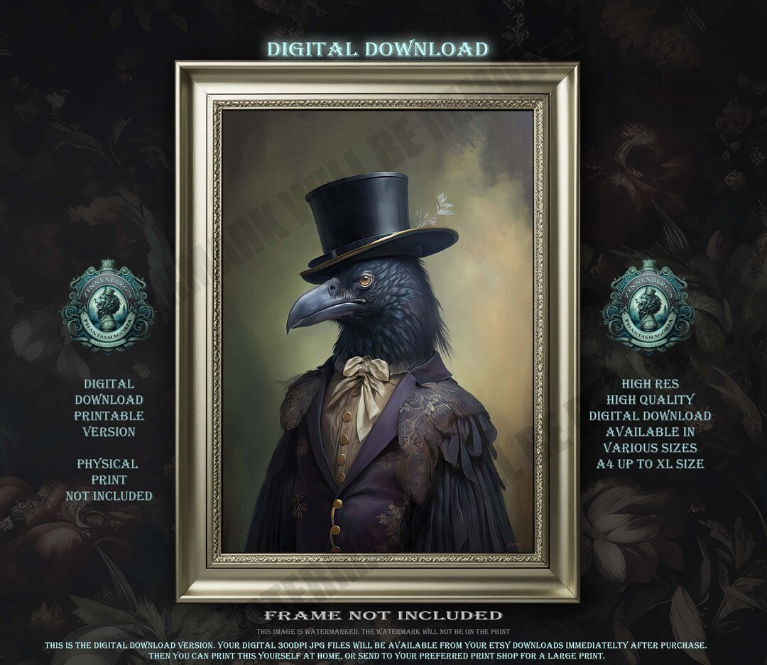 Raven Wall Art, Victorian Rogue Crow Painting, Printable Download ...