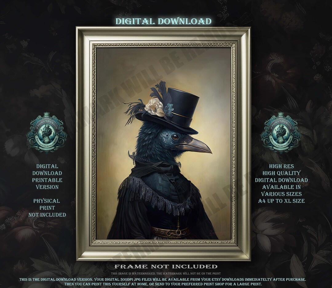 Raven Wall Art, Dark Academia, Victorian Crow, Printable Download ...