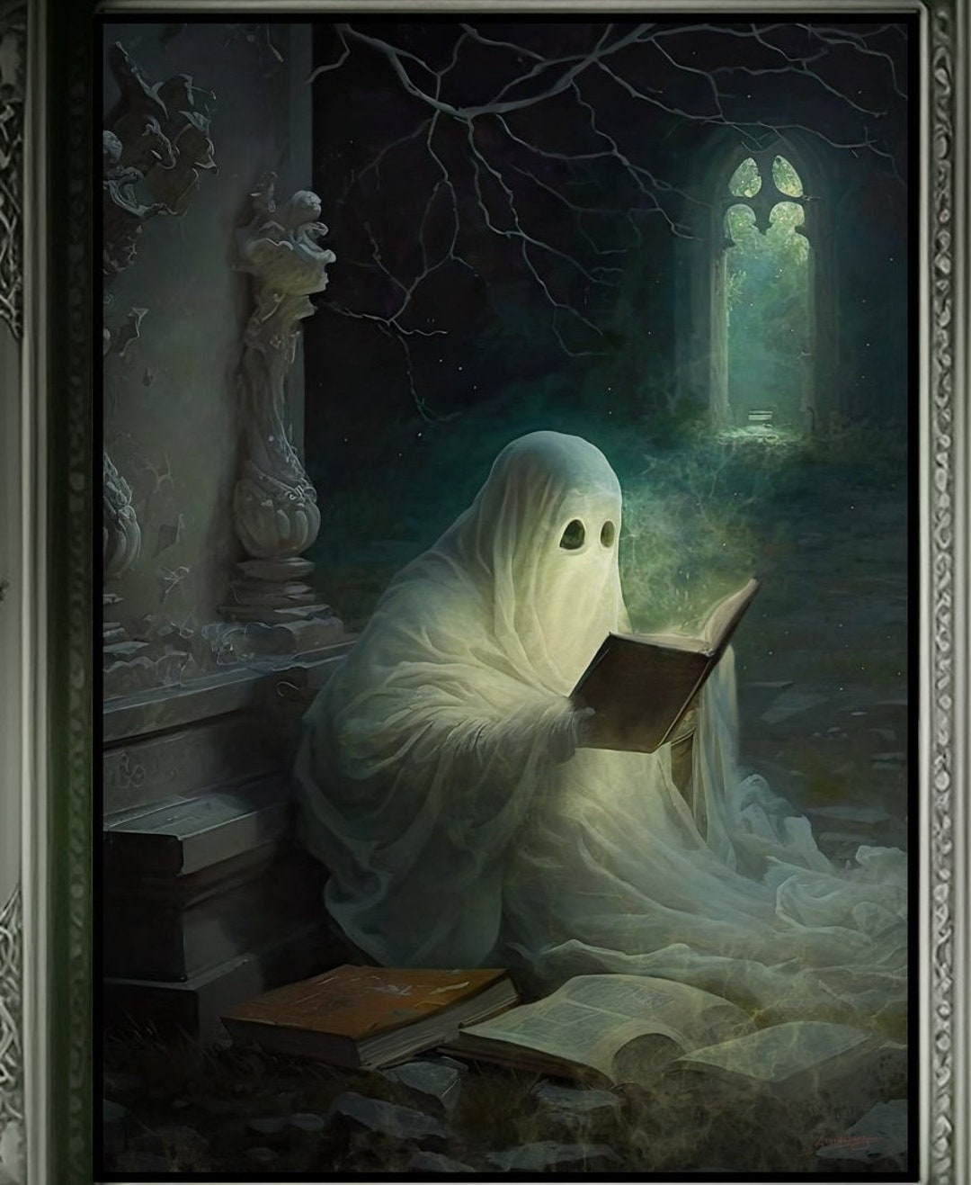 Ghost Wall Art Ghost Reading A Book Ghost Art Dark Academia - Etsy