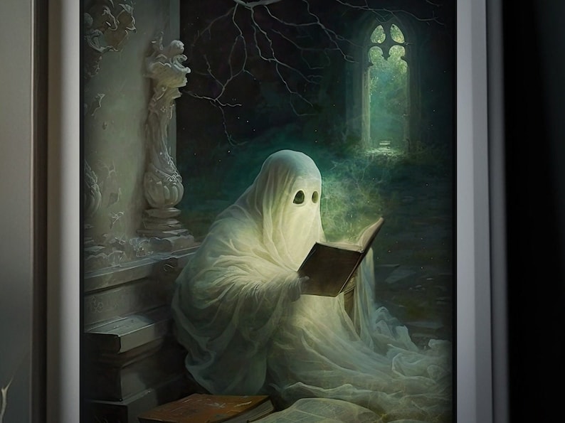 Ghost Wall Art Ghost Reading A Book Ghost Art Dark Academia - Etsy