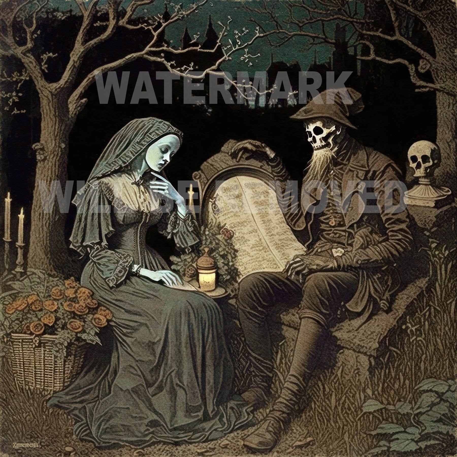 Victorian Ghost Lady and Grim Reaper Illustration, Dark Academia Wall ...