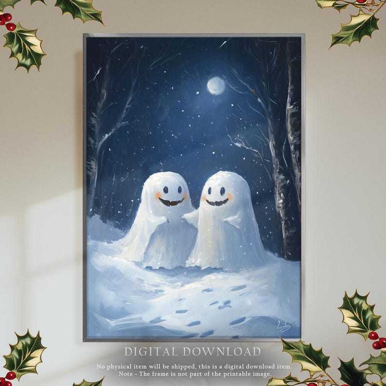 Cute Snow Ghosts Print, Digital Download, Spooky Christmas Winter Wall ...