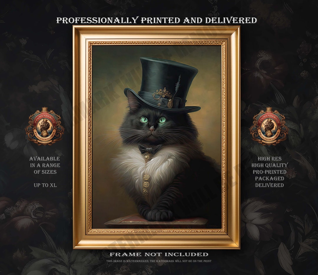 Black and White Cat Wall Art Print, Pro Printed to XL Size, Vintage ...