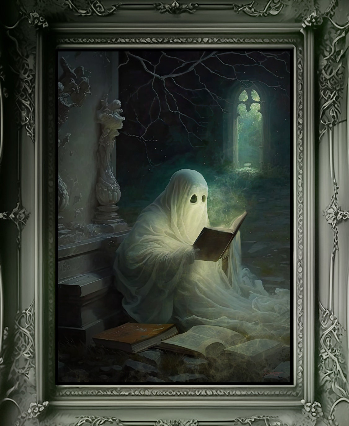 Ghost Wall Art, Pro Printed up to 33", Ghost Reading A Book, Dark ...