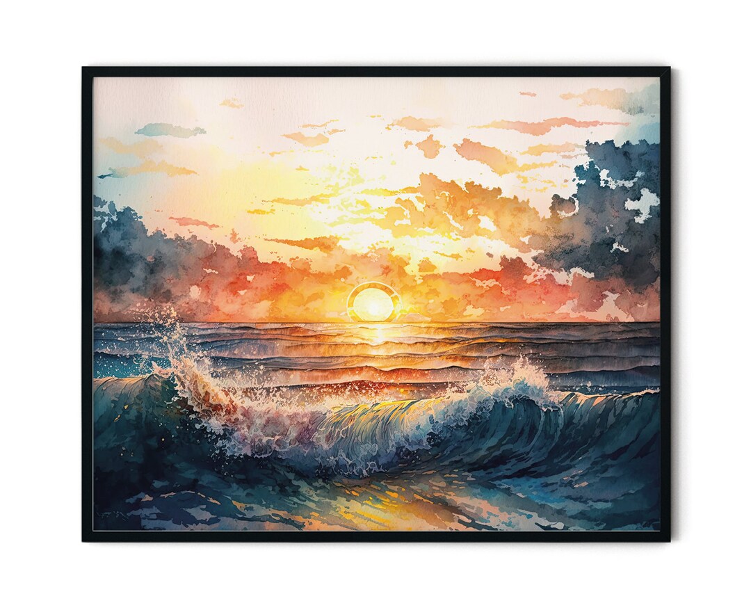 Watercolor Ocean Sunset Art Print, Digital Art, Downloadable Wall Art ...