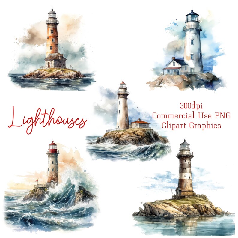 Watercolor Lighthouses Clipart, Nautical Ocean Graphics, PNG Format ...