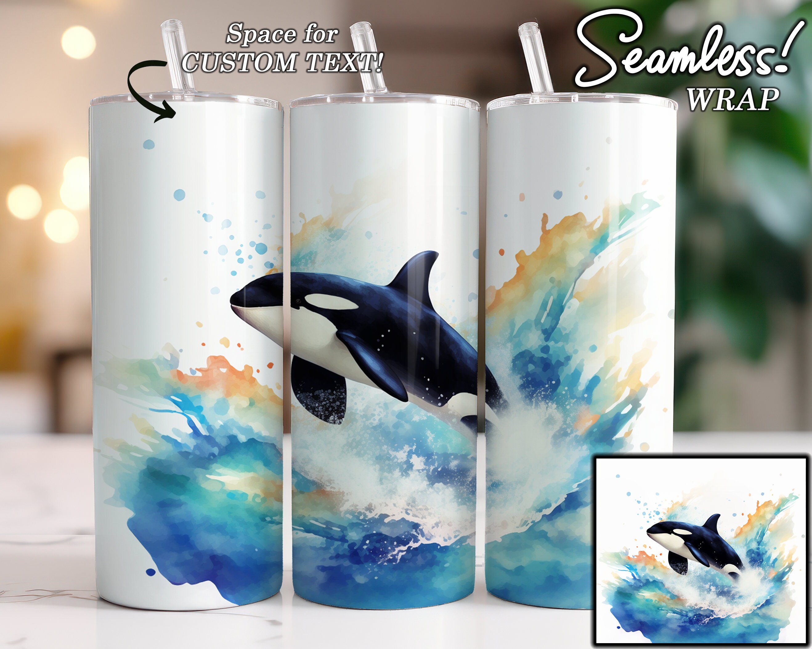 Orca Watercolor Seamless Tumbler Design 20oz Straight Skinny - Etsy