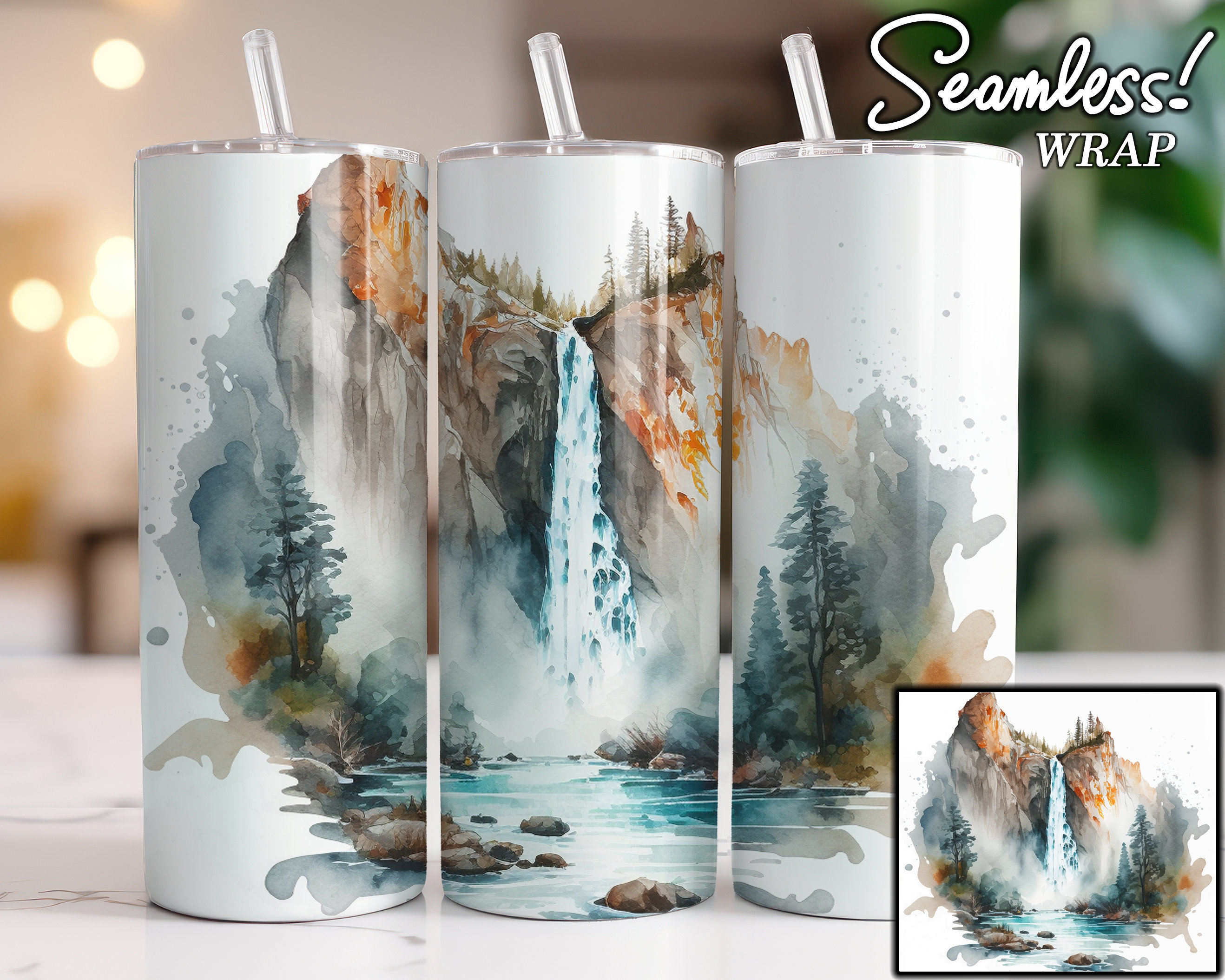 Yosemite Mountain Waterfall Watercolor Seamless Sublimation Tumbler ...