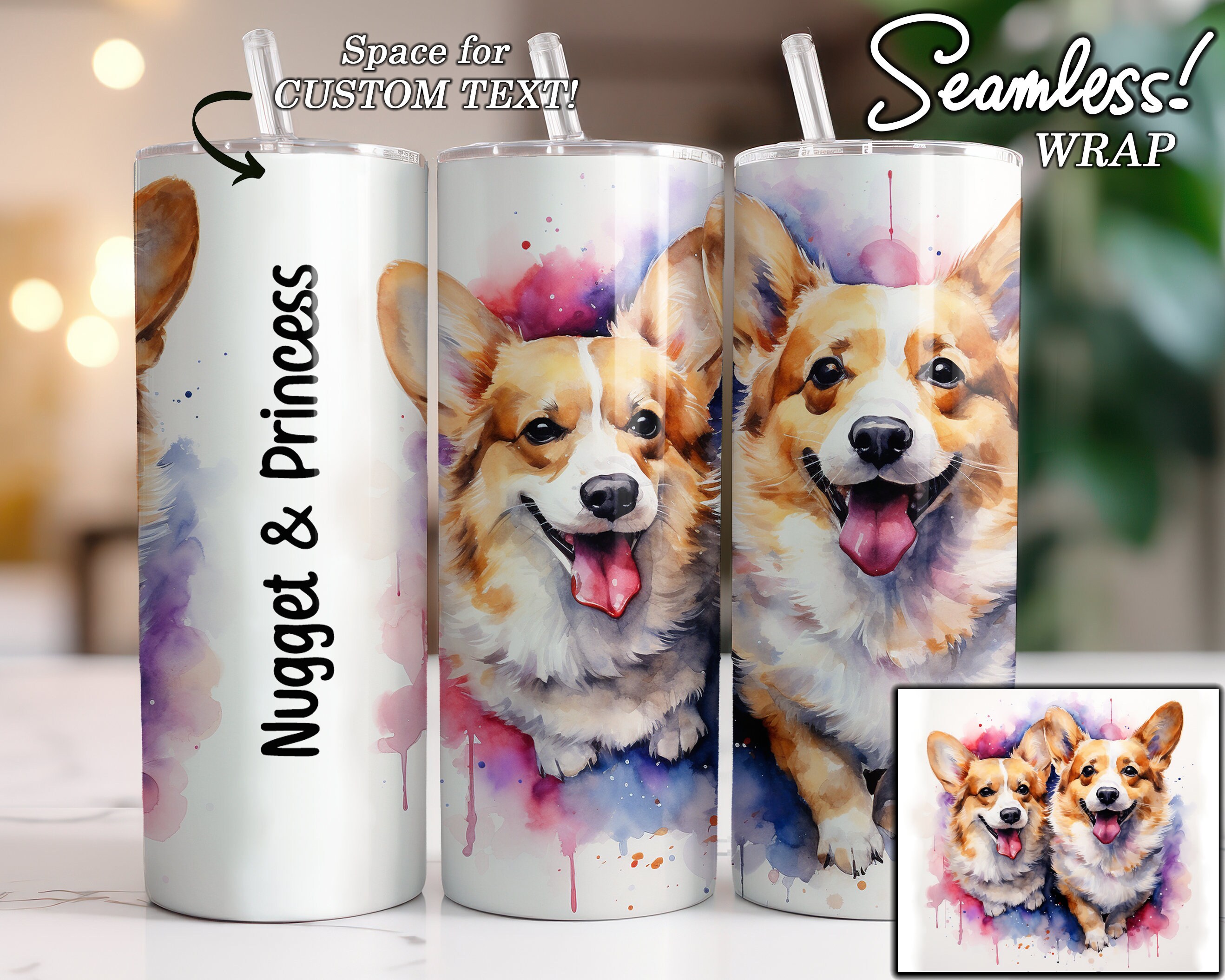 Cute Corgi Pink Purple Watercolor Seamless Tumbler Design, Customizable ...