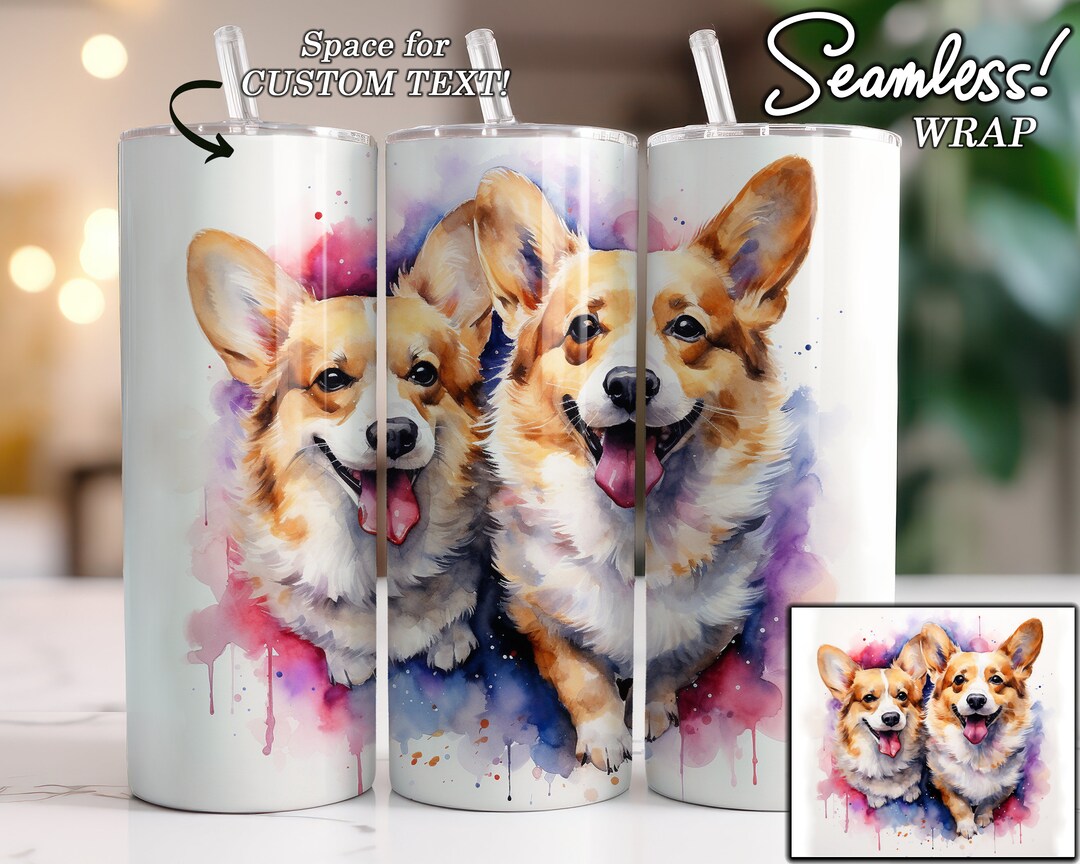 Cute Corgi Pink Purple Watercolor Seamless Tumbler Design, Customizable ...