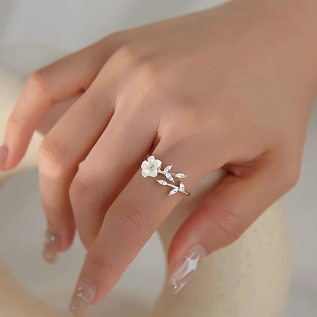 Cute Flower Leaves Ring Silver Floral Ring Adjustable Leaf Ring Leaf ...