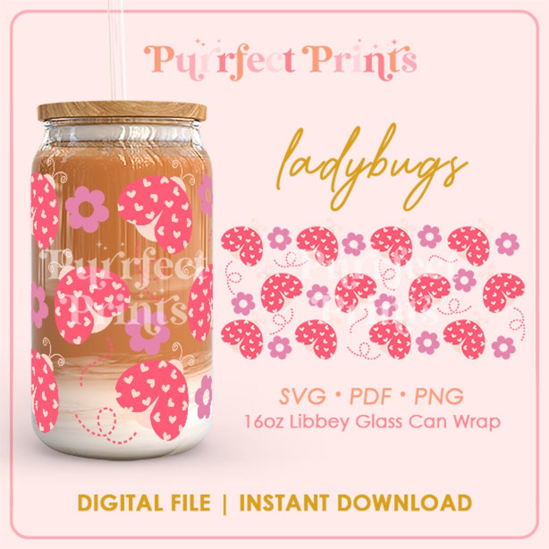 Ladybugs 16oz Glass Can Full Wrap SVG, Flowers Pattern Libbey Glass Can ...