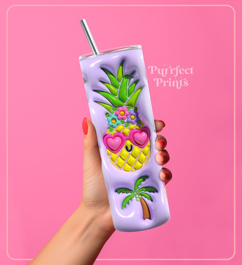 3D Inflated Puff Pineapple Tumbler Wrap PNG, Summer 20 Oz Skinny ...