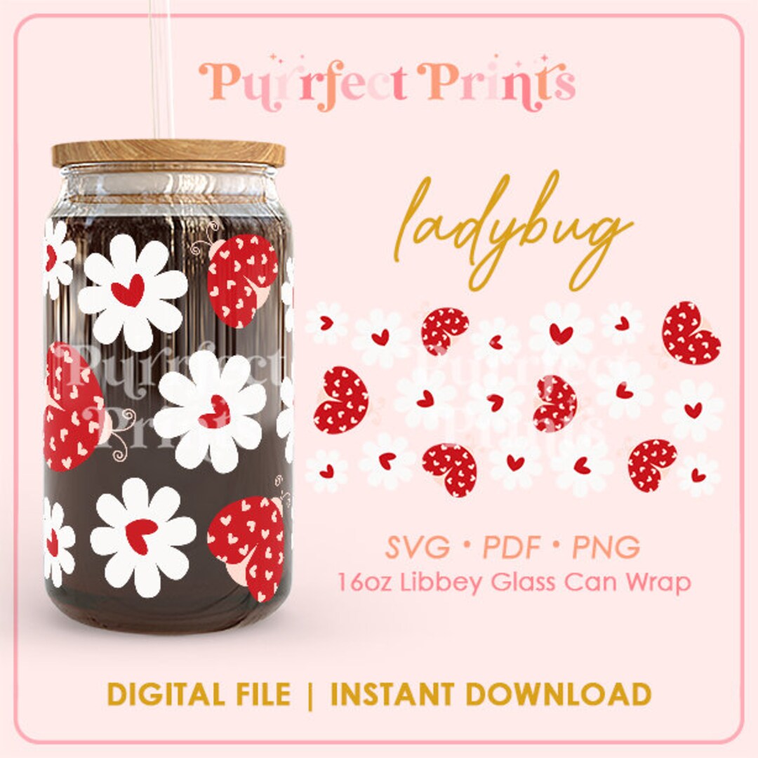 Ladybug Hearts 16oz Glass Can Full Wrap SVG, Cute Kawaii Daisies Libbey ...