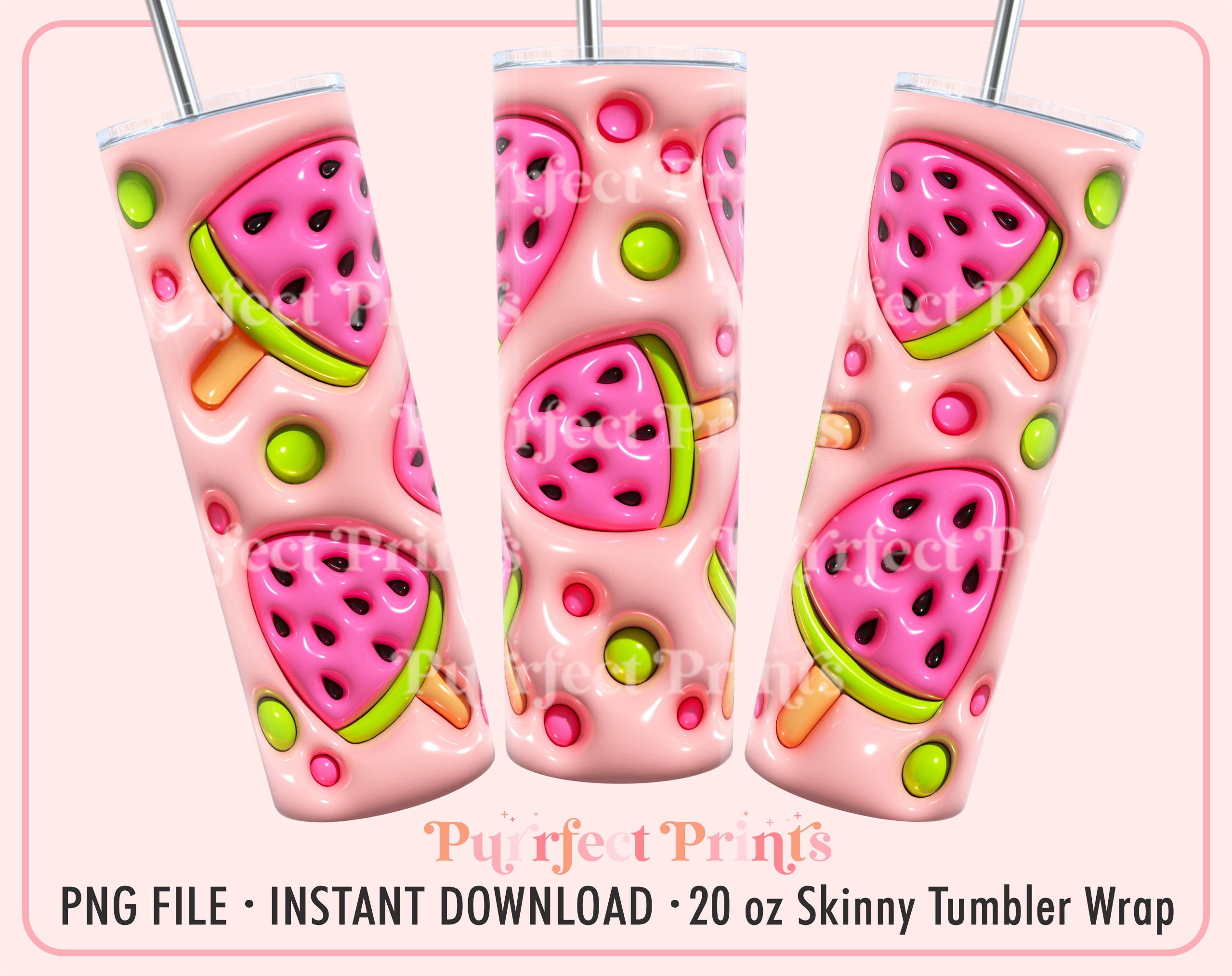 Watermelon Popsicle PNG Wrap, 3D Inflated Puff Summer Tumbler Wrap PNG ...