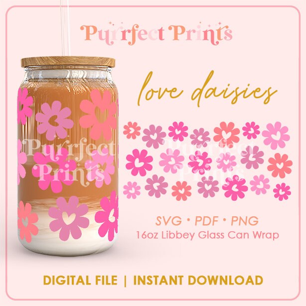 16oz Cute Libbey Valentine Wrap SVG Bundle, Kawaii Daisies Libbey Glass ...
