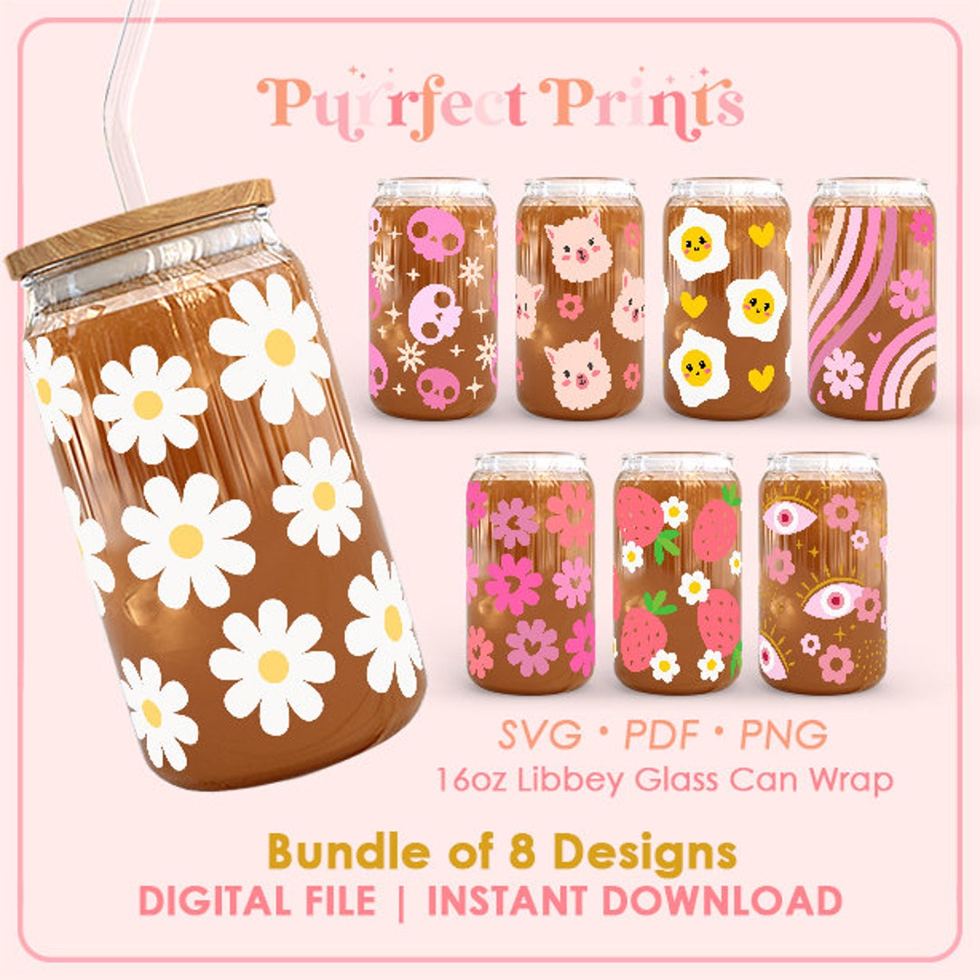 16oz Cute Libbey Valentine Wrap SVG Bundle, Kawaii Daisies Libbey Glass ...