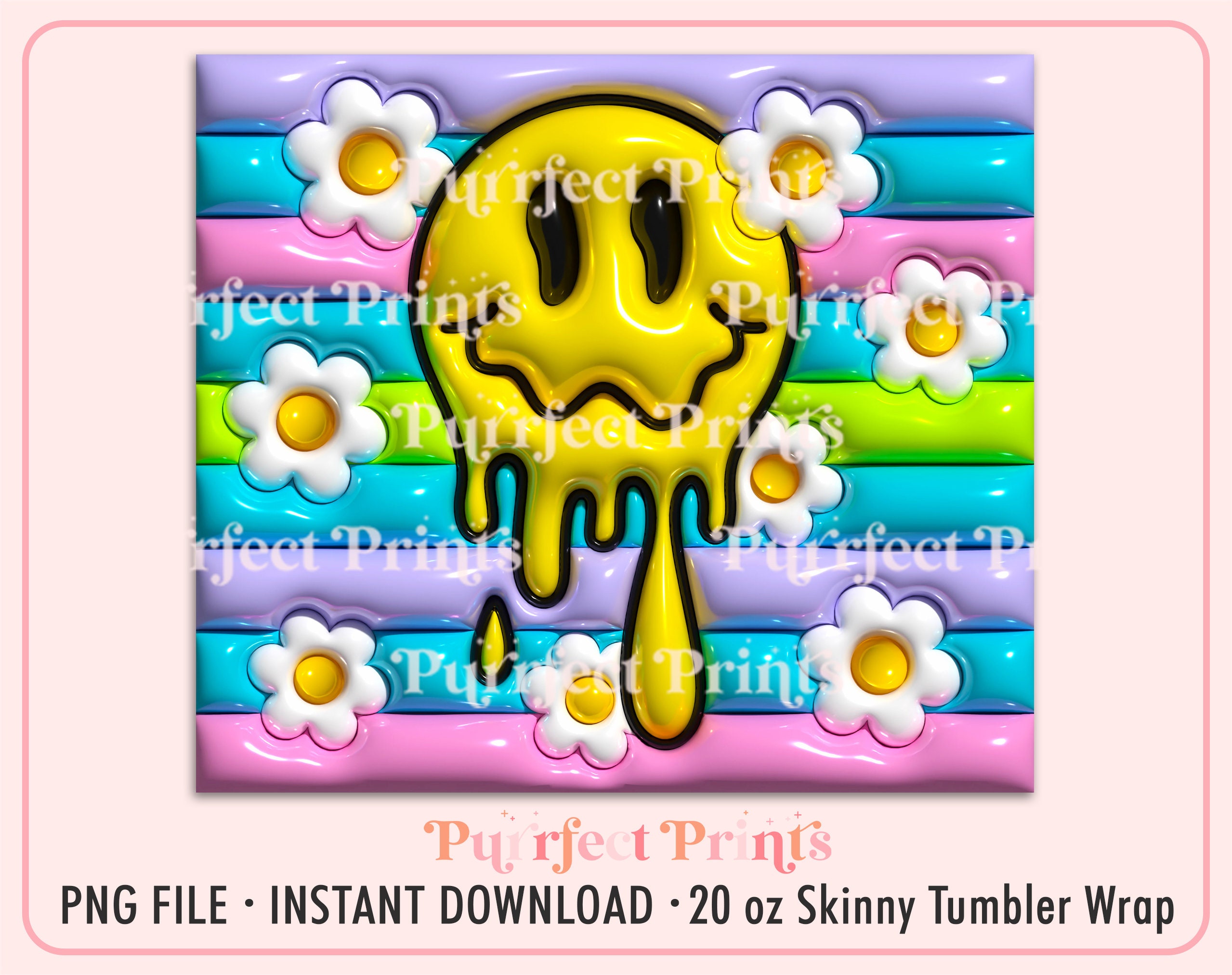 Dripping Smiley Face PNG, 3D Inflated Puff Tumbler Wrap PNG, Skinny ...