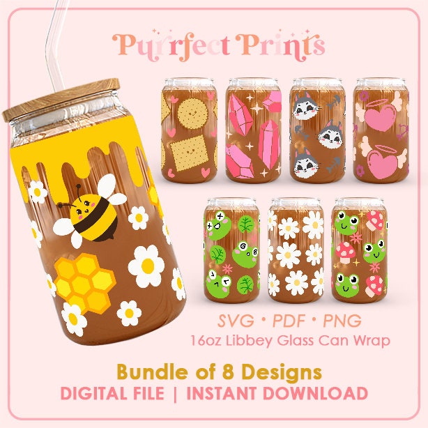 16oz Kawaii Glass Can SVG Bundle Wrap, Honey Bee Valentine Svg, Pink ...