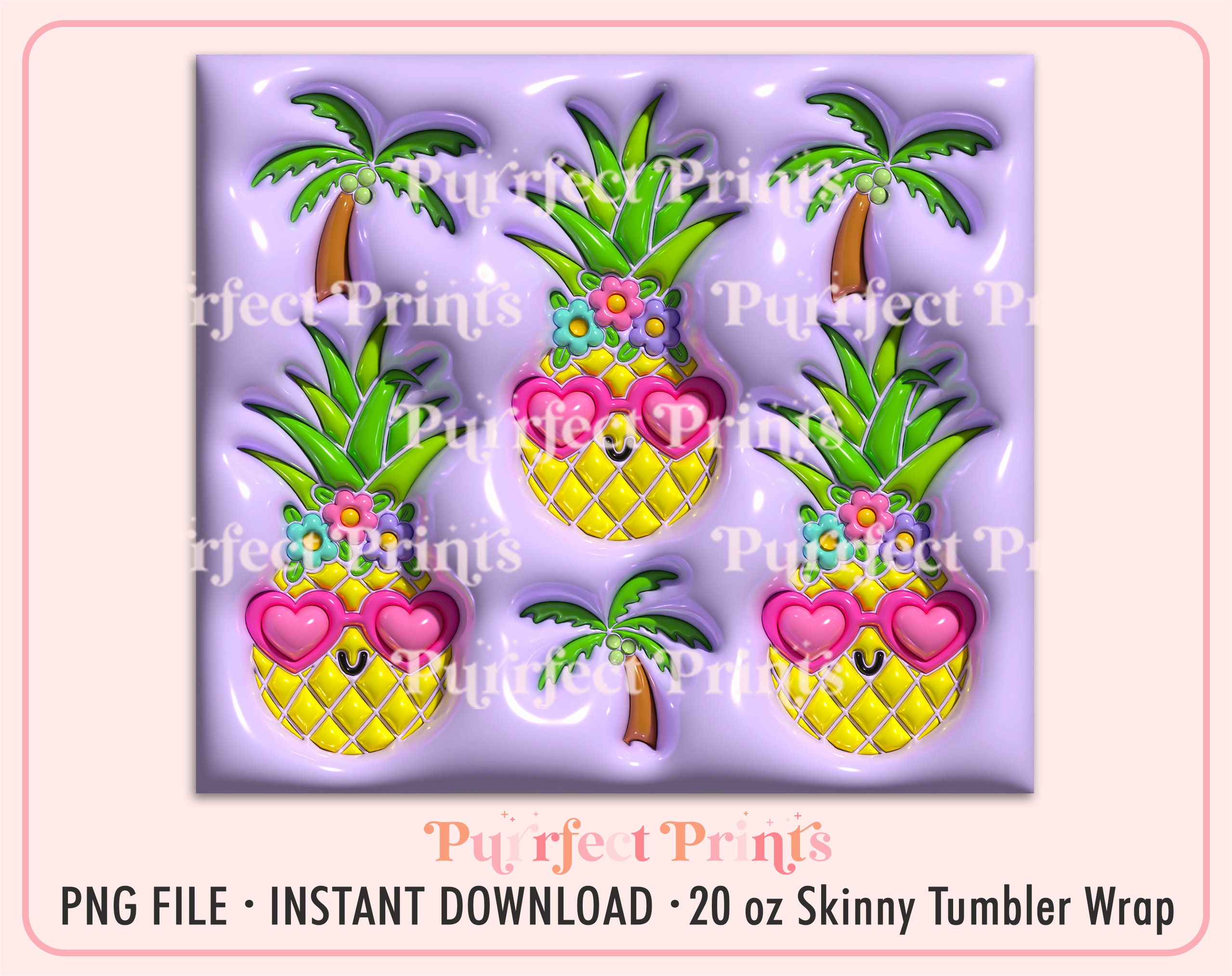 3D Inflated Puff Pineapple Tumbler Wrap PNG, Summer 20 Oz Skinny ...