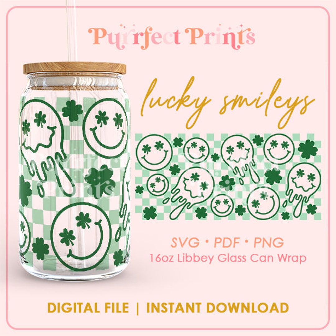 Lucky Melted Smileys 16oz Glass Can Full Wrap SVG, Happy Go Lucky Beer ...