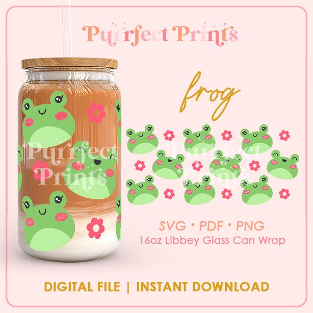 Frog 16oz Glass Can Full Wrap SVG, Cute Kawaii Spring Flower Libbey ...