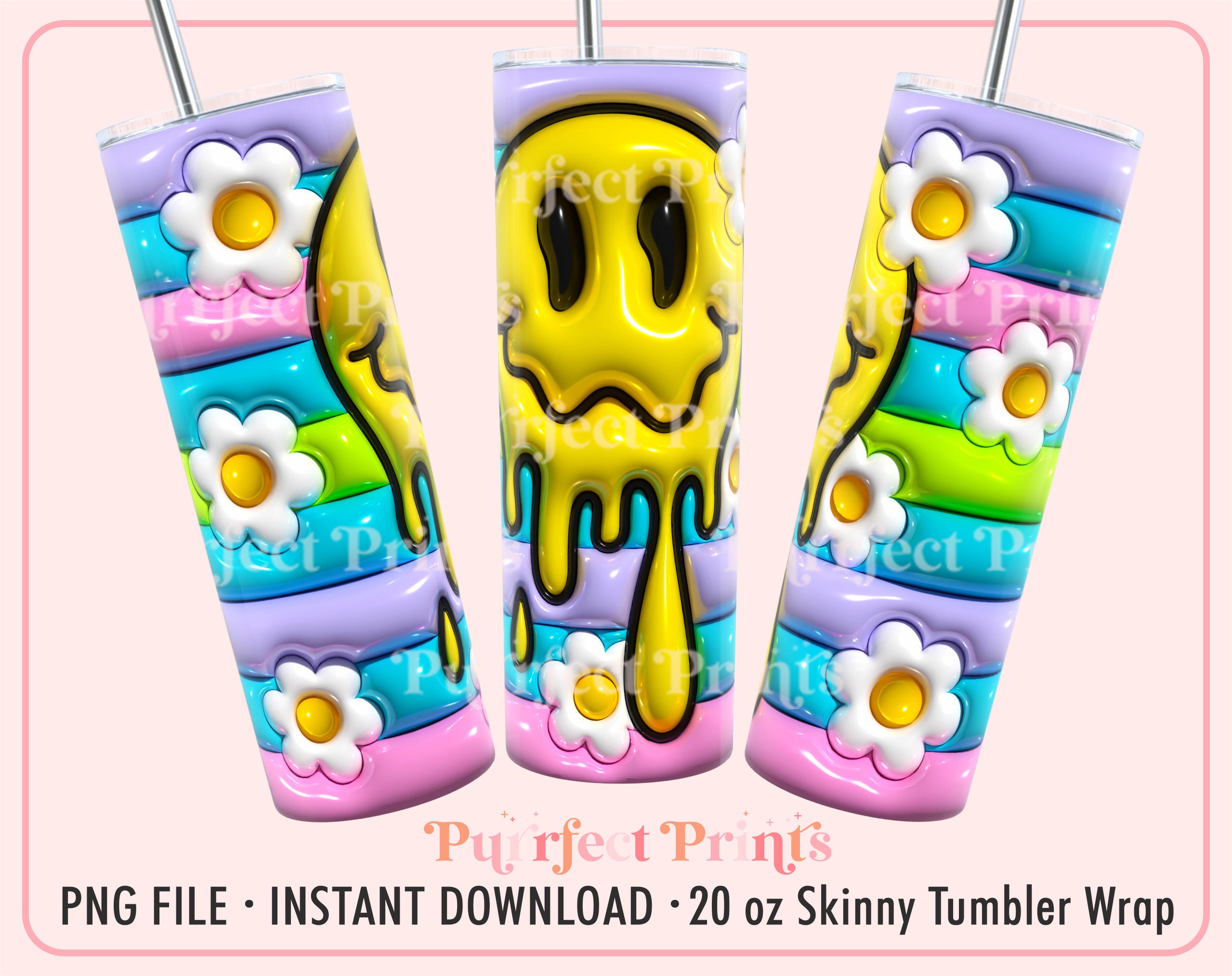 Dripping Smiley Face PNG, 3D Inflated Puff Tumbler Wrap PNG, Skinny ...
