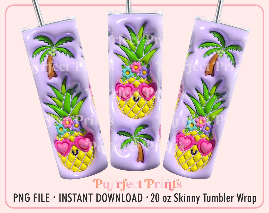 3D Inflated Puff Pineapple Tumbler Wrap PNG, Summer 20 Oz Skinny ...